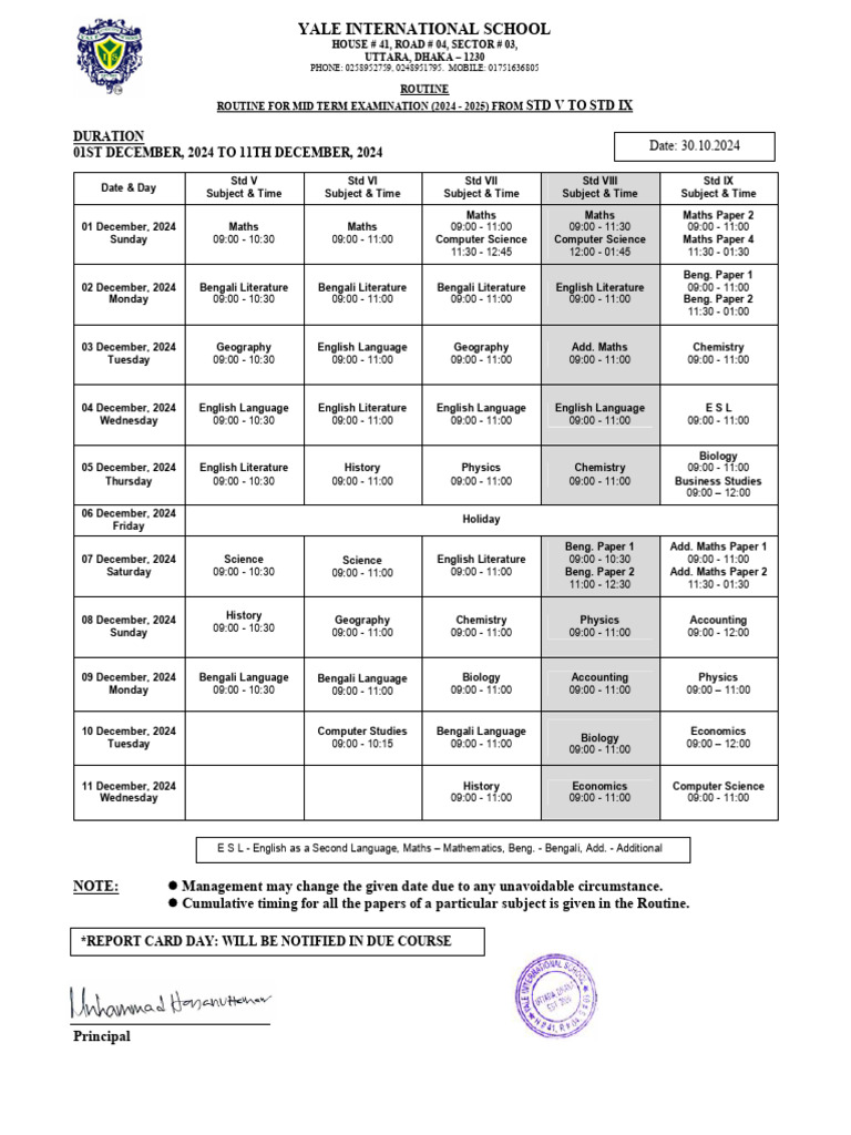 Mid Term Exam Routine, 2024-2025 | PDF | Science