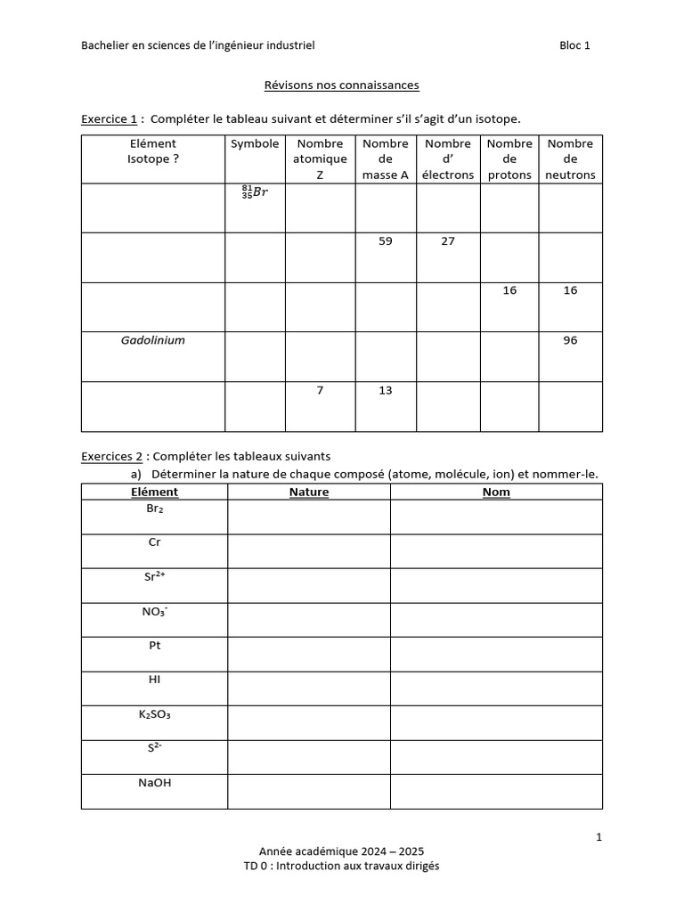 Exercices de chimie pour ingénieurs 2024-2025 | PDF | Ion | Éléments ...