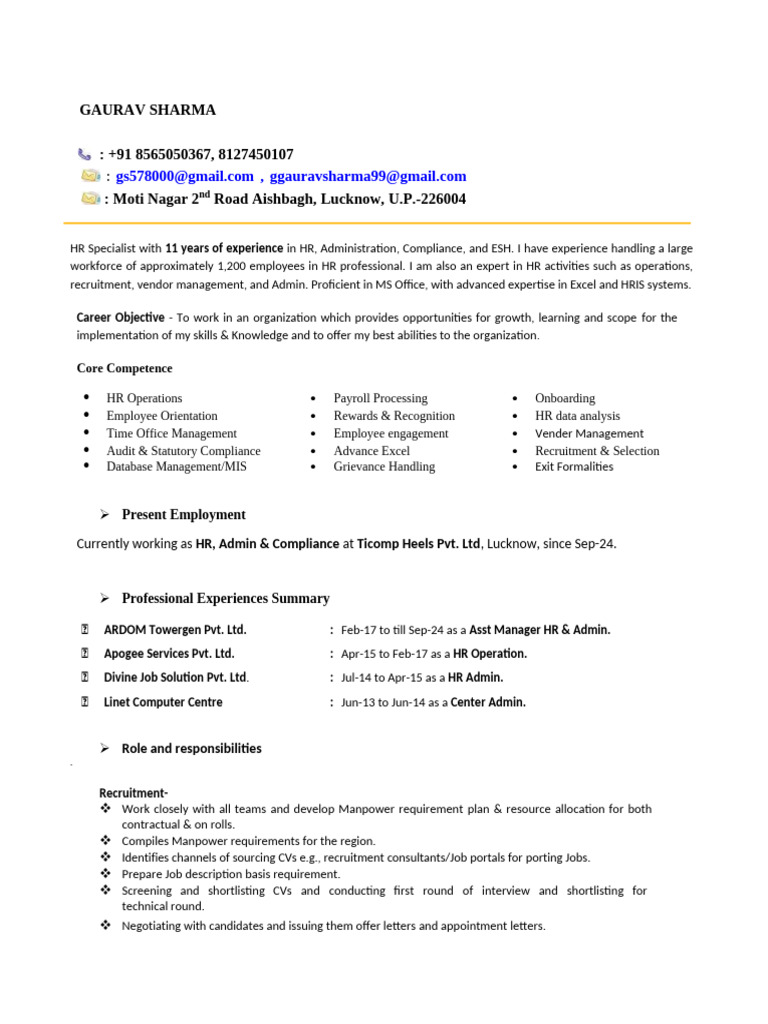 Gaurav Sharma - HR, Admin & Compliance | PDF | Employment | Recruitment