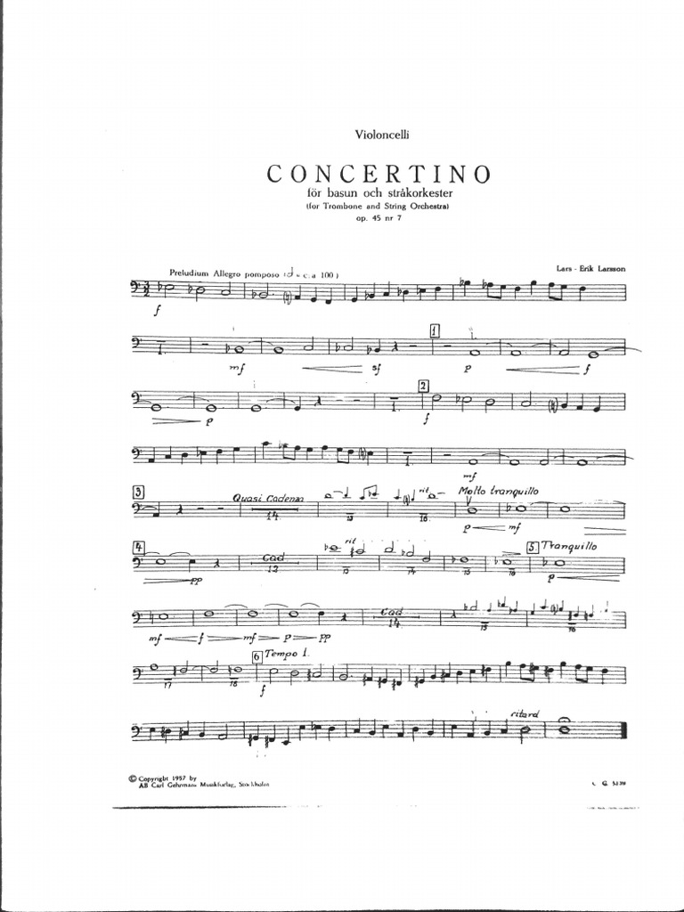 Erik Larsson - Trombone Concertino - Cello Part | PDF