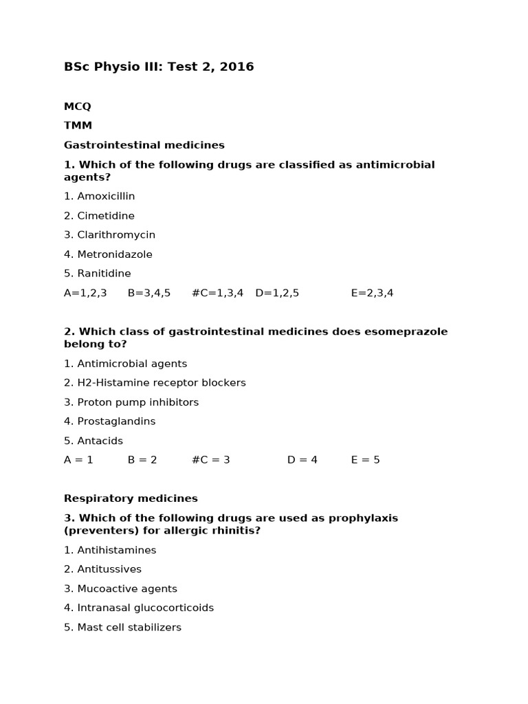 2016 Physio Test 2 Memo | PDF | Drugs | Medical Specialties