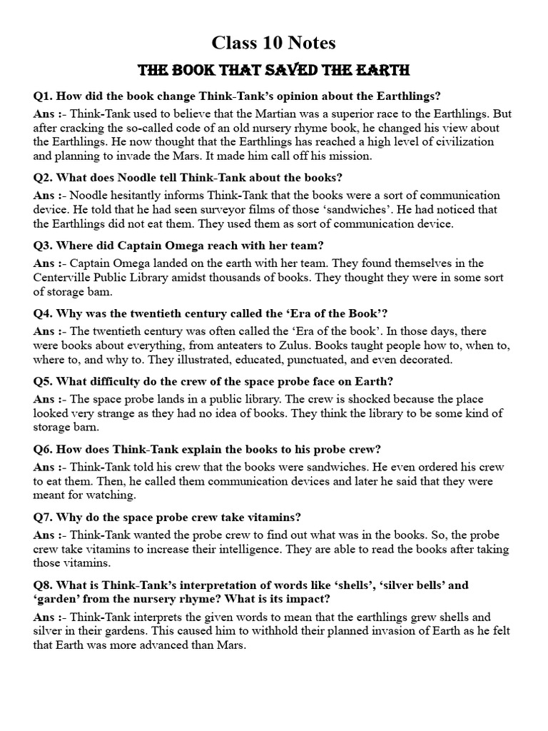 Class 10 Notes the Book That Saved the Earth_103424 | PDF