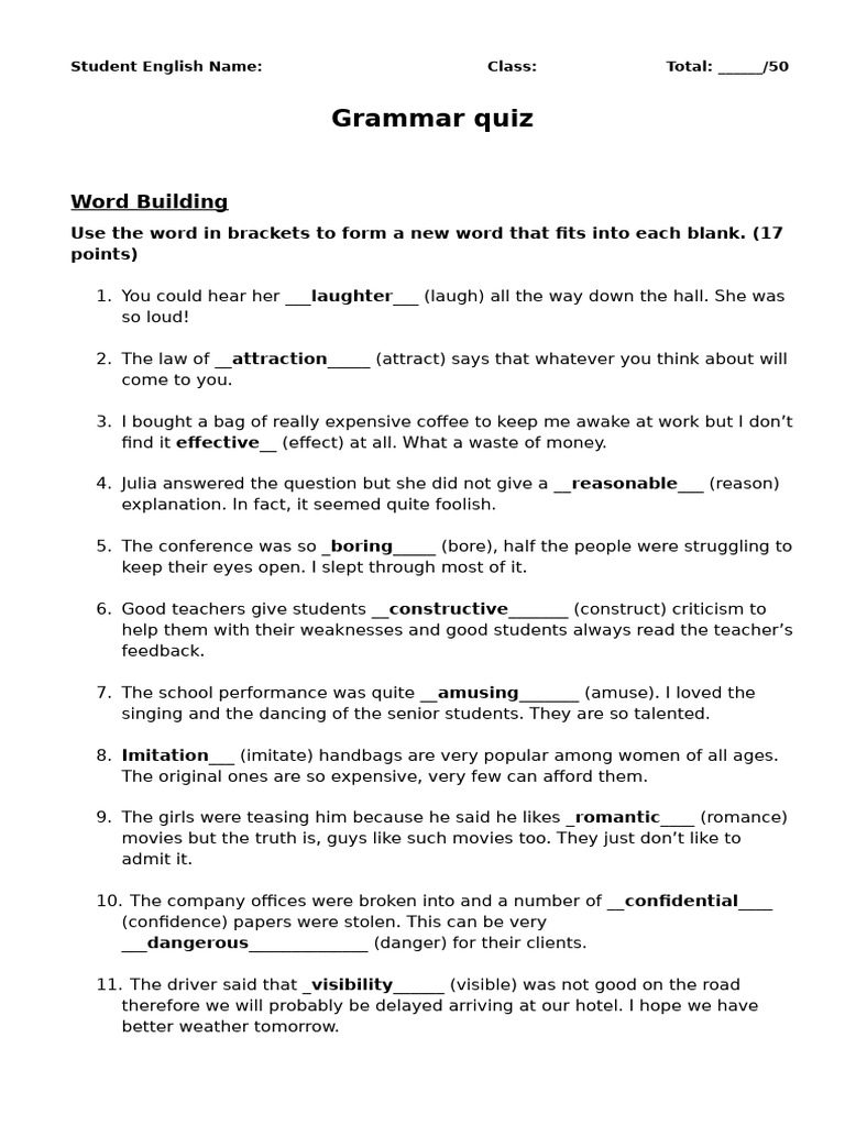 Grammar Quiz - Word Building-Phrasal Verbs - Answers | PDF