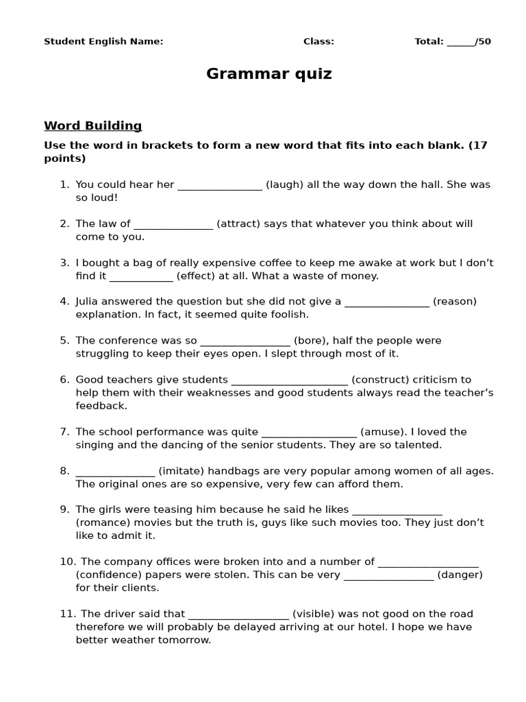 Grammar Quiz - Word Building-Phrasal Verbs | PDF