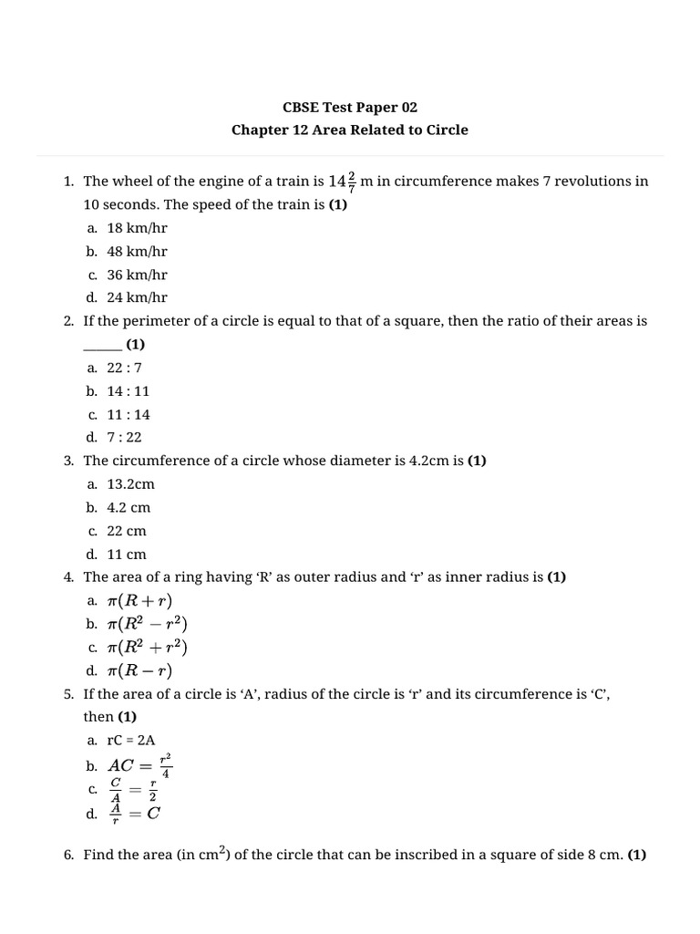 chapter-12-area-related-to-circles-test-02 | PDF | Area | Circle chapter-12-area-related-to-circles-test-02 | PDF | Area | Circle