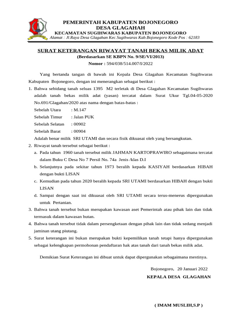 Surat Keterangan Riwayat Tanah Adat | PDF