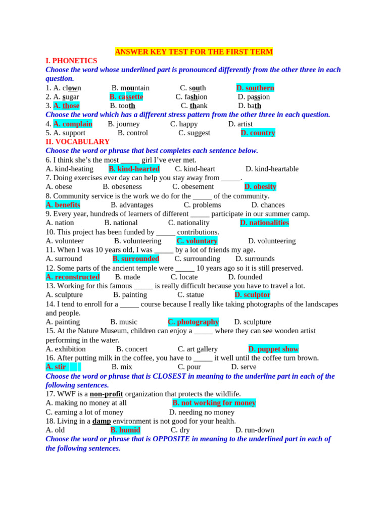 Answer Key Test For The First Term From Unit 7-Unit12 | PDF | Traffic ...
