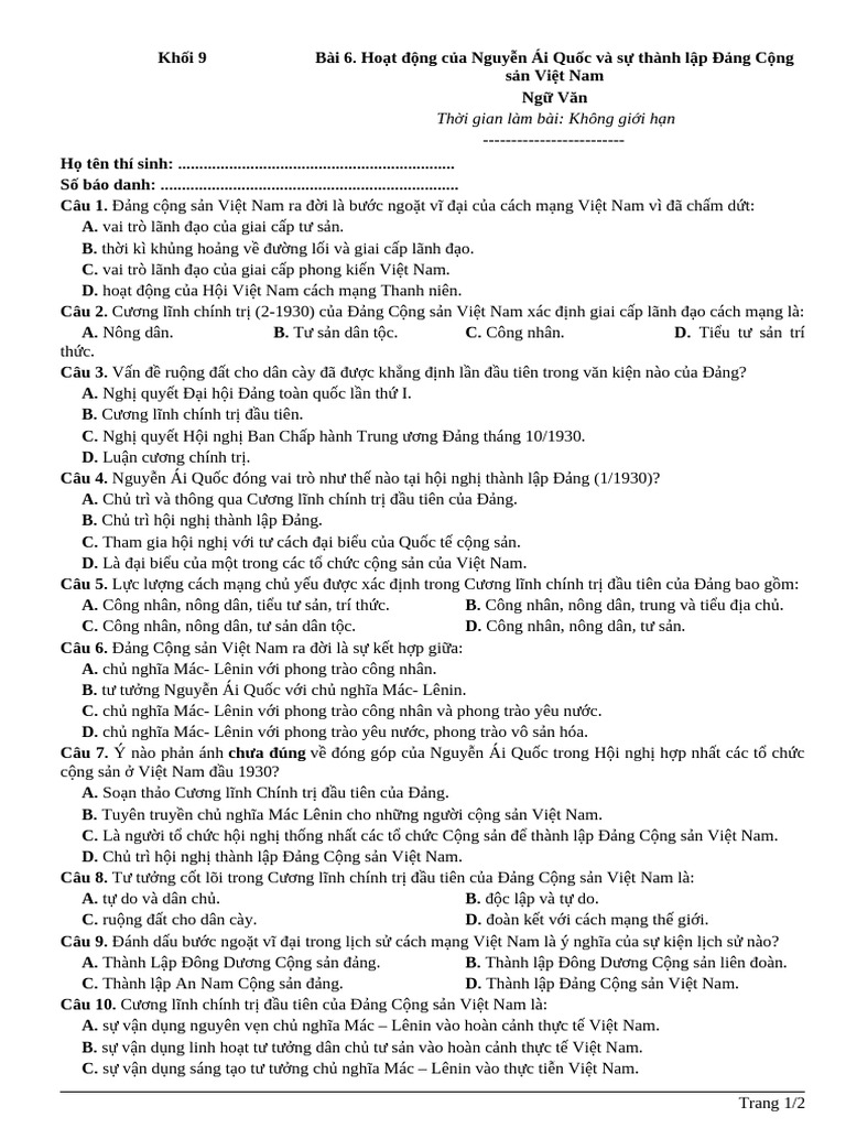 Bai 6. Hoat Dong Cua Nguyen Ai Quoc Va Su Thanh Lap Dang Cong San Viet Nam D2af65 14 10 2024 | PDF