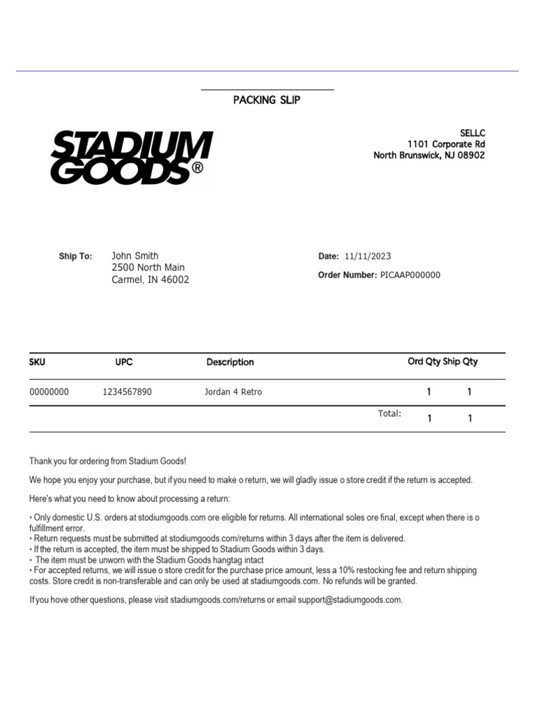 Stadium Goods Packing Slip Template Updated | PDF