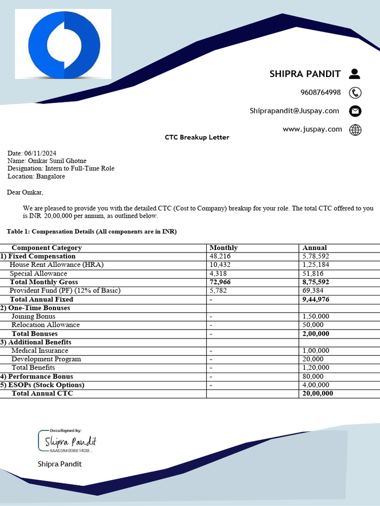 CTC Breakup Letter for Omkar Ghotne | PDF | Business Law | Economies
