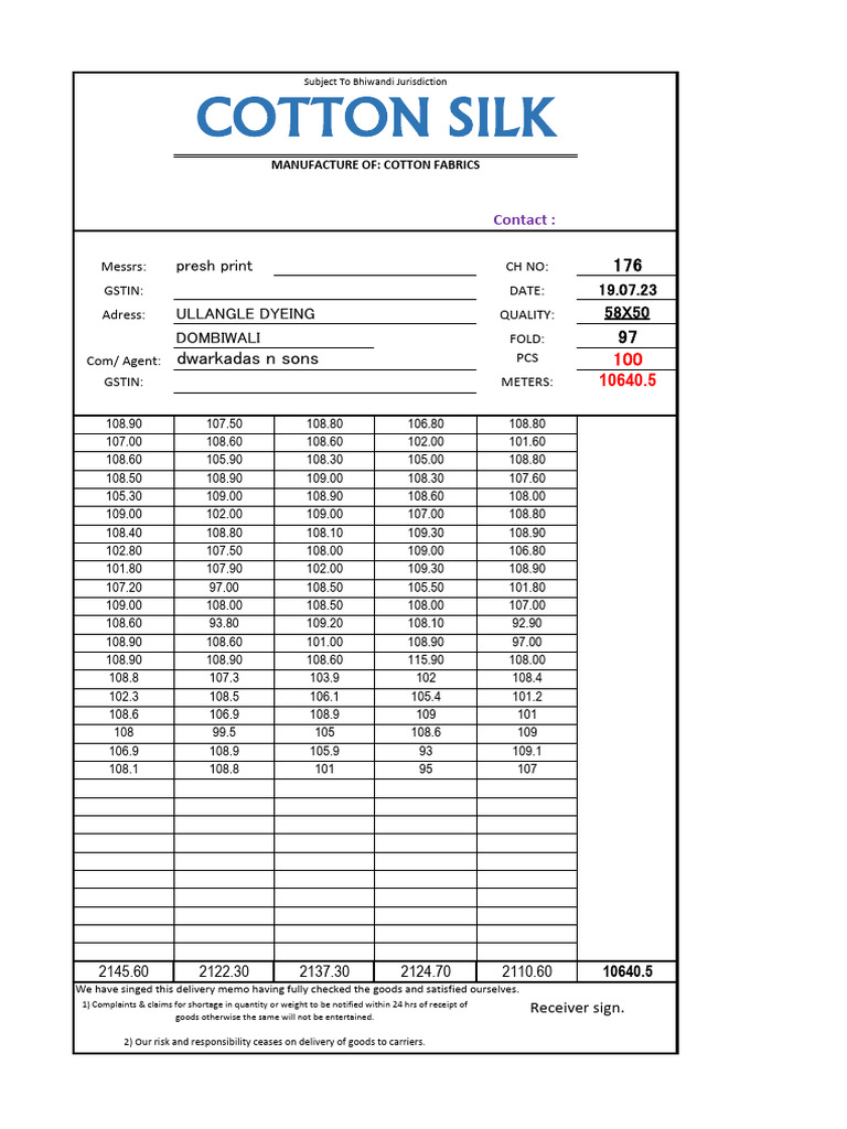 Cotton Fabrics Delivery Memo | PDF | Textiles | Textile Industry