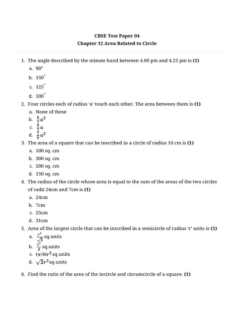 chapter-12-area-related-to-circles-test-04 | PDF | Area | Circle chapter-12-area-related-to-circles-test-04 | PDF | Area | Circle