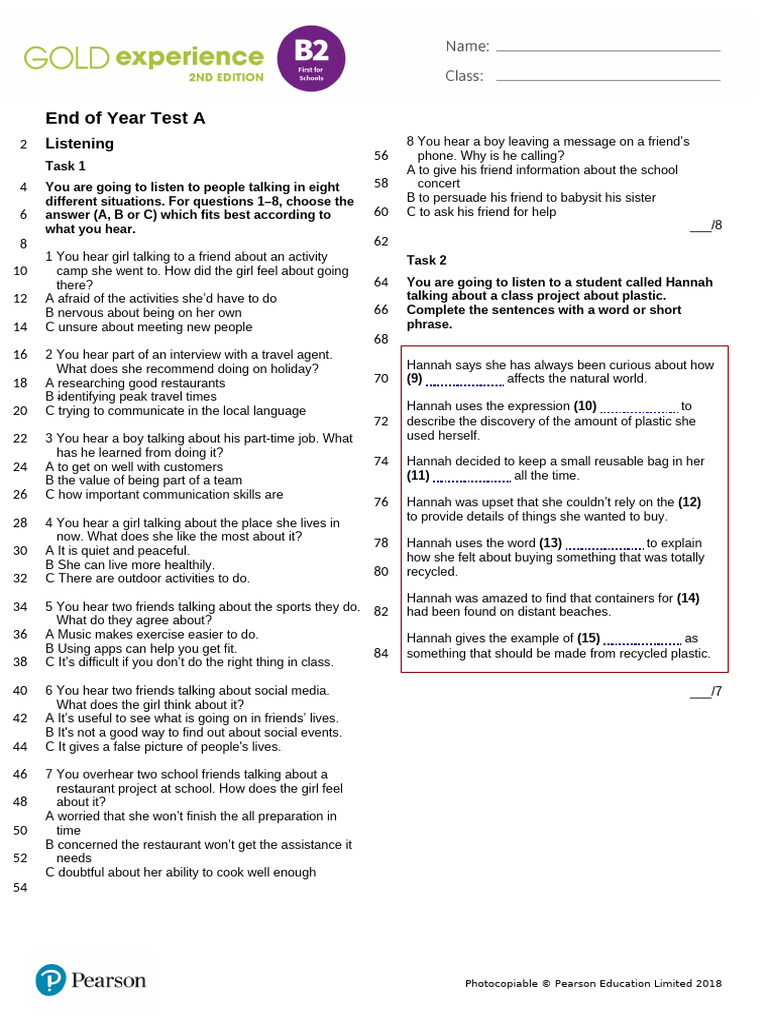 Gold Exp B2 End of Year Test A Main Test | PDF | Sales