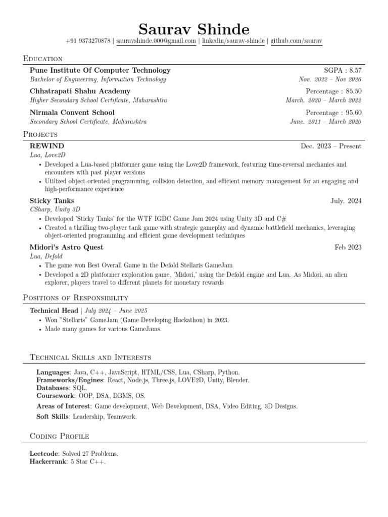 Saurav Resume Pdf Object Oriented Programming Computer Programming