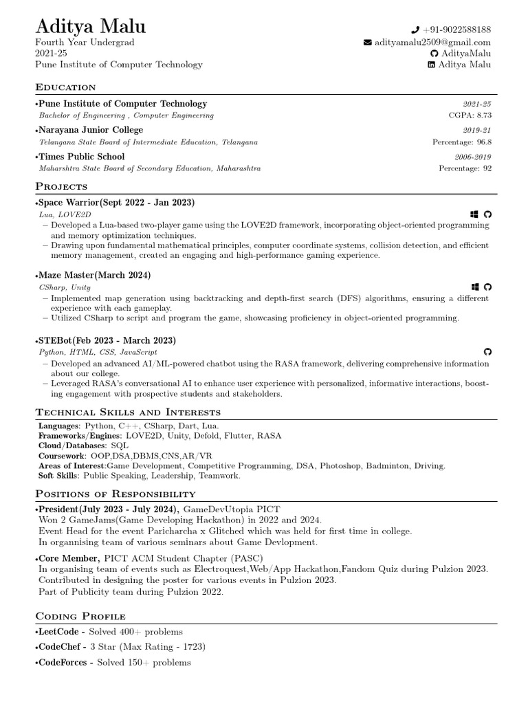 C2K21107036_Resume | PDF | Object Oriented Programming | Computer Programming