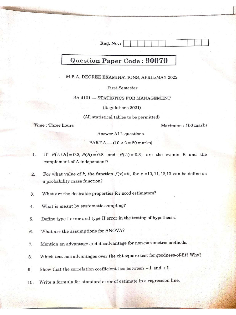 BA4101 Statistics for Management Paper | PDF | Strategic Management ...