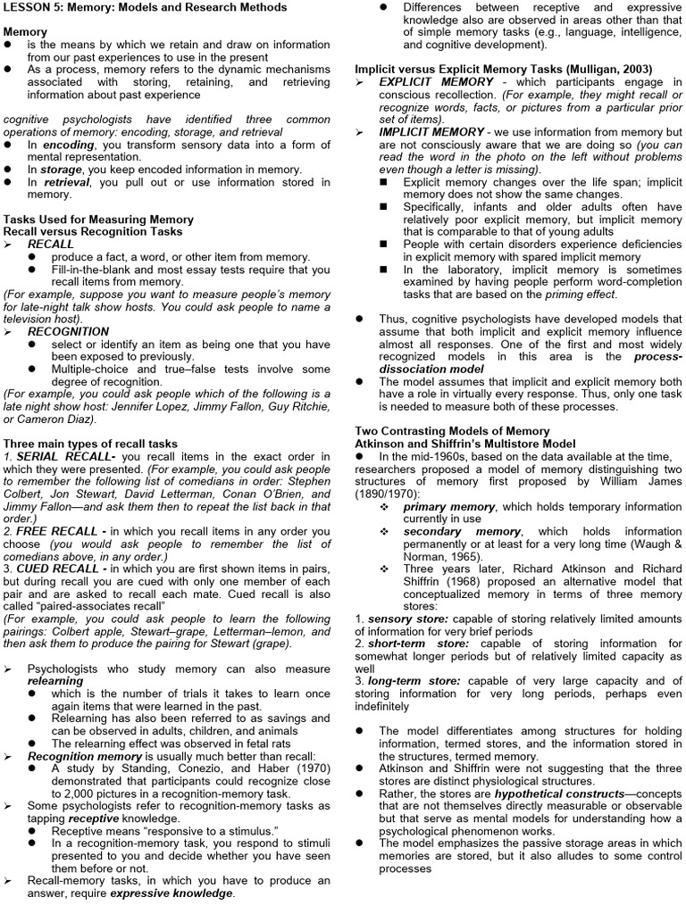 CogPsy_lesson 6 | PDF | Memory | Amnesia