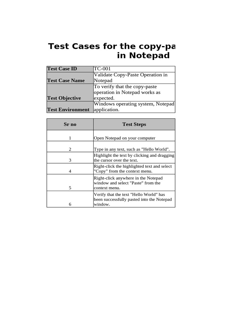 Test Cases on Copy-paste in Notepad | PDF