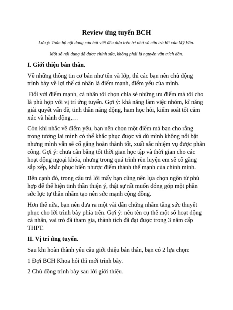 Review ứng tuyển BCH | PDF