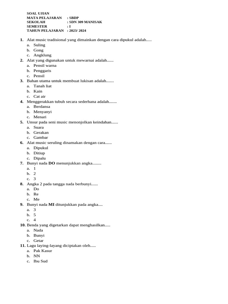 Soal SBDP Kelas Ii | PDF