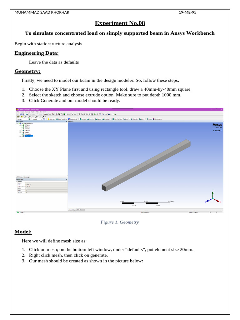 Experiment No. 08: o Simulate Concentrated Load On Simply Supported Beam in Ansys Workbench | PDF
