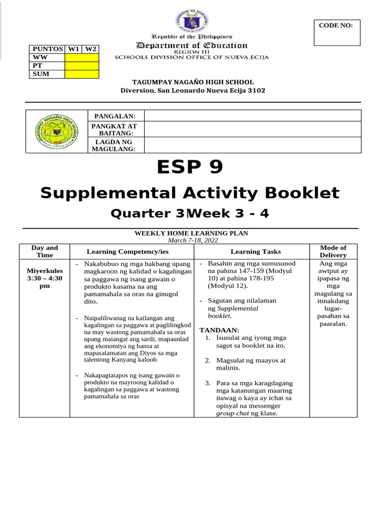 Supplemental Activity Booklet: Quarter 3 Week 3 - 4 | PDF