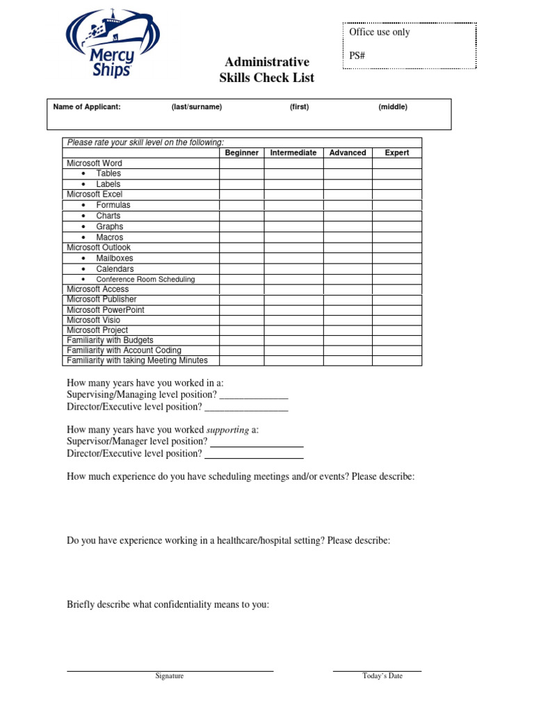 Administrative Skills Checklist - (Editable) | PDF