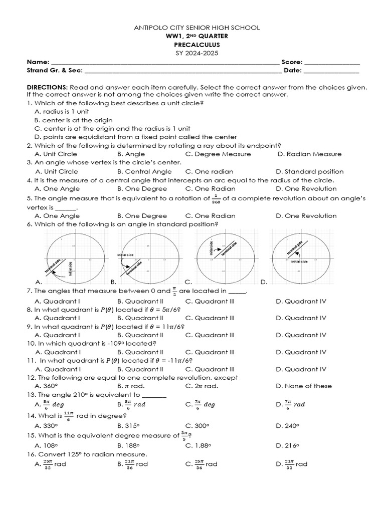 WW1 Second-Quarter-Precalculus Student | PDF | Angle | Geometric ...