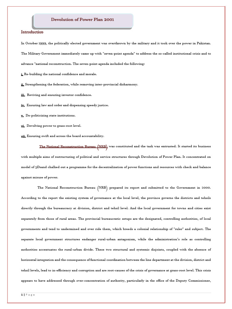 Devolution of Power Plan 2001 | PDF | Governance | Government