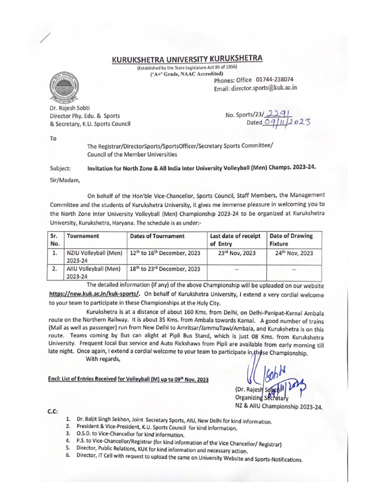 North Zone All India Inter University Volleyball Men Champs 2023 24 | PDF