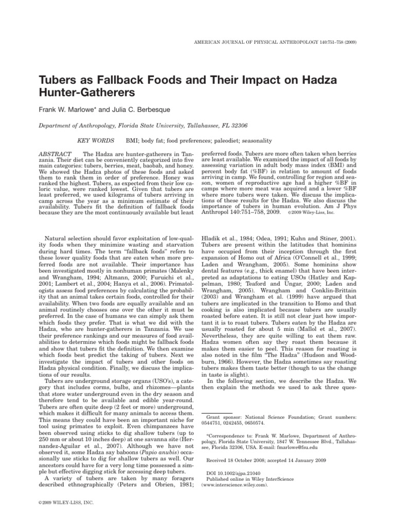 Marlowe Frank W Tubers As Fallback Foods and Their | PDF | Calorie