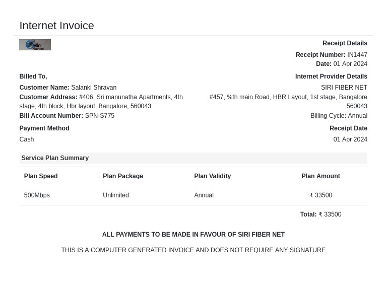 Annual Internet Invoice - SIRI Fiber | PDF