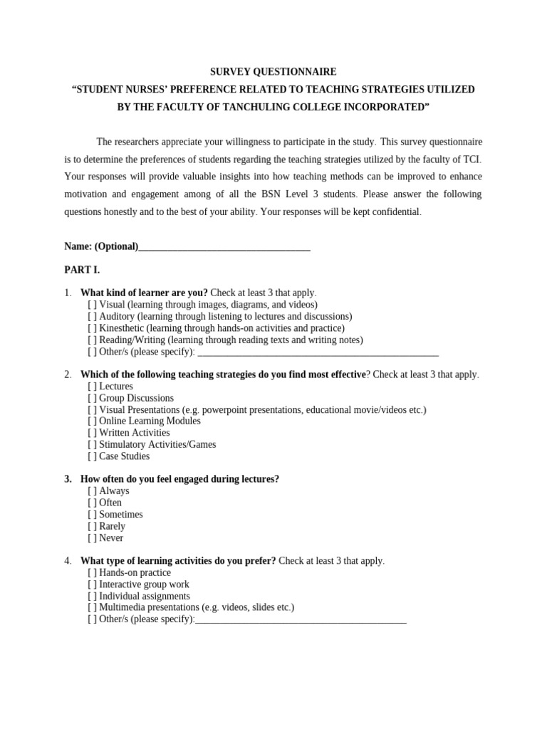 SURVEY QUESTIONNAIRES | PDF | Learning | Teaching Method