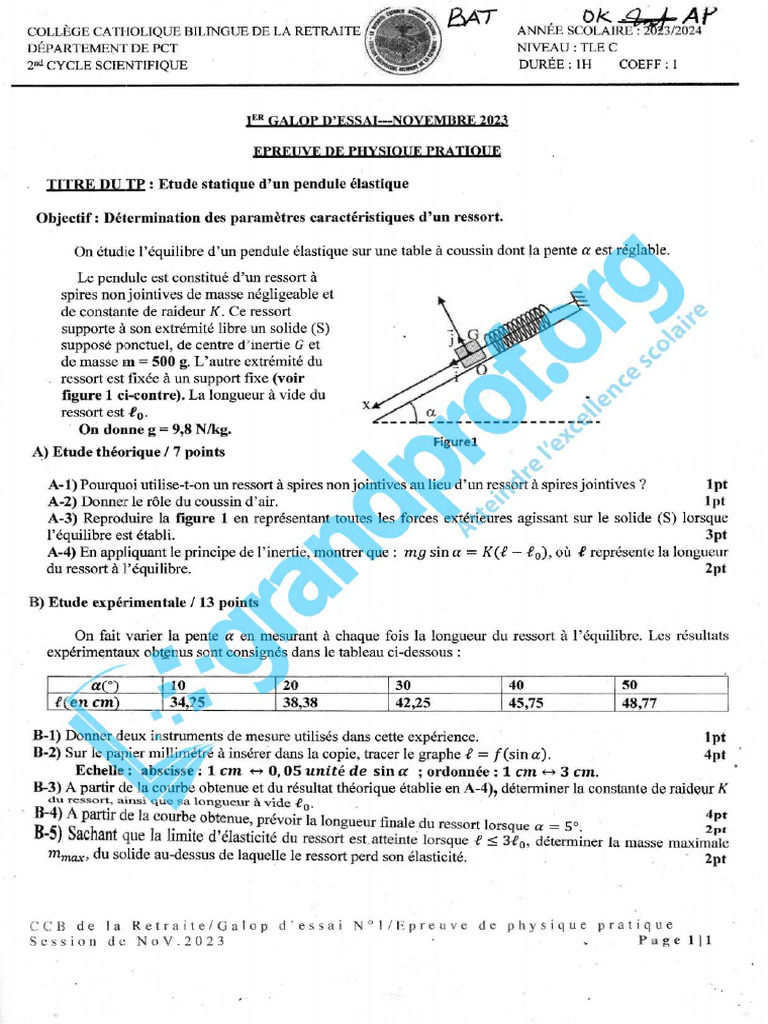 Physique Pratique BAC Blanc1 TleC College Retraite Novembre 2023 | PDF