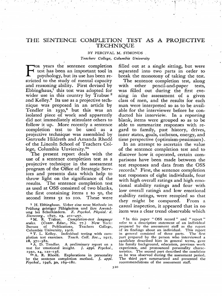 Sentence Completion Test As Projective Technique Pdf Attitude