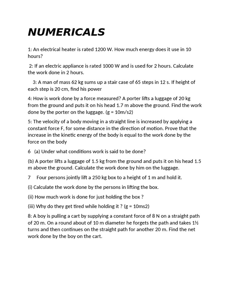 Work and Energy Numericals | PDF