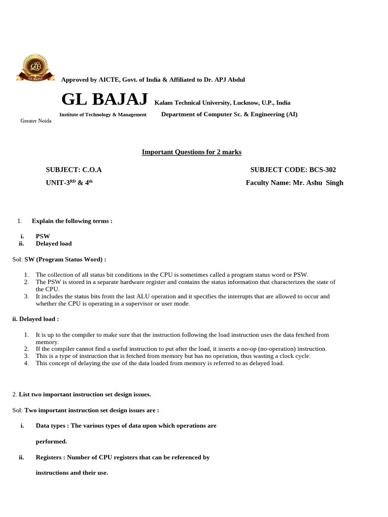 Coa Imp Qyestion 3rd and 4th Unit | PDF | Central Processing Unit | Cpu Cache