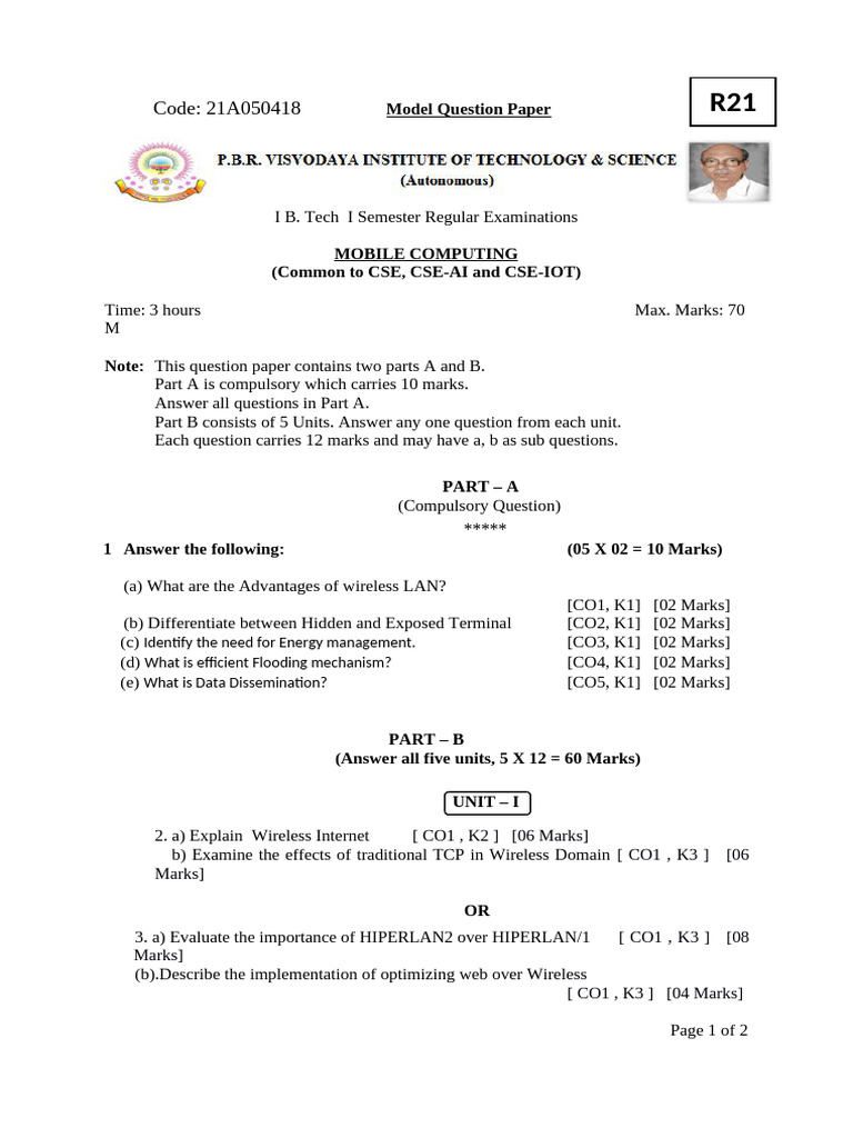 Mobile Computing Exam Question Paper | PDF | Wireless Networking ...