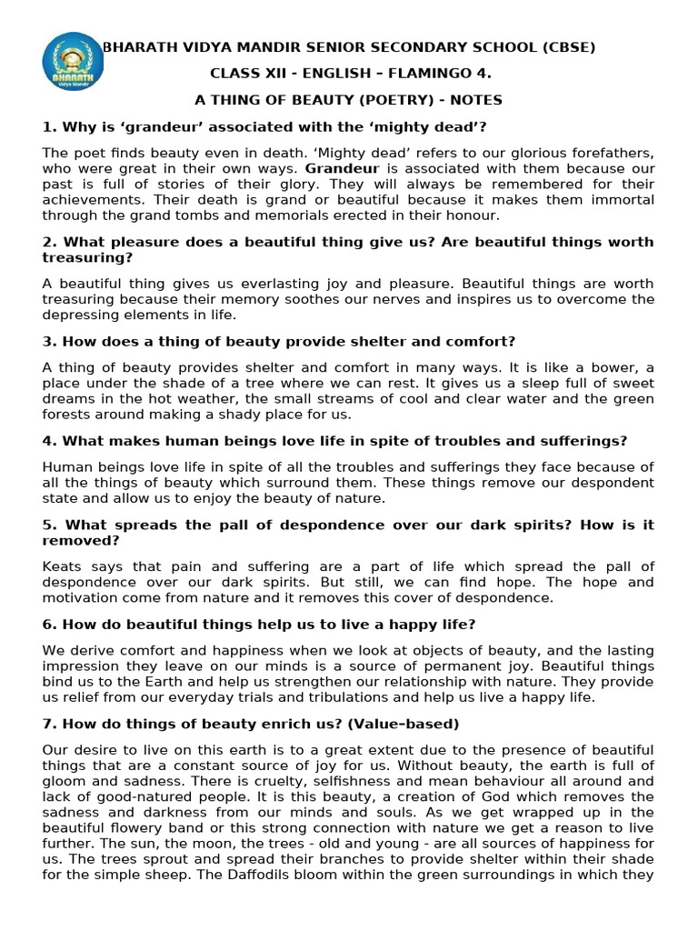 Class XII - Flamingo Poem 4. The Thing of Beauty | PDF | Heaven | Beauty