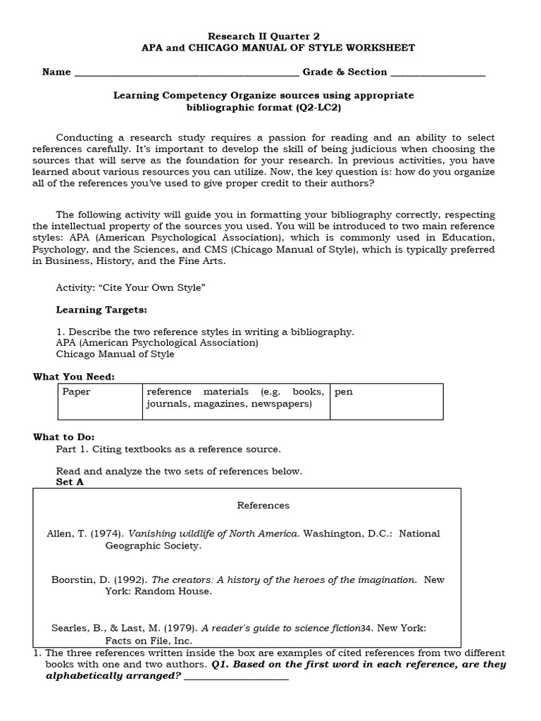 Activity-APA-Chicago-Style-WORKSHEET.docx (2) | PDF | Apa Style | Citation