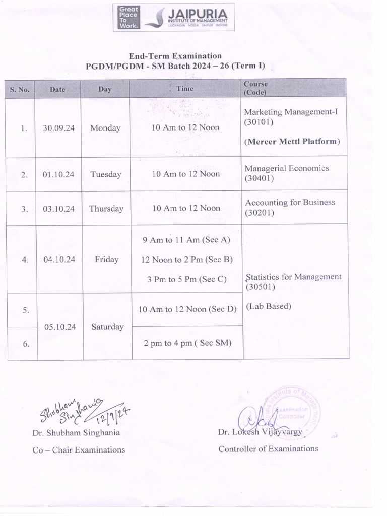 End Term Exam Schedule - Term I (PGDM 2024 - 26) | PDF