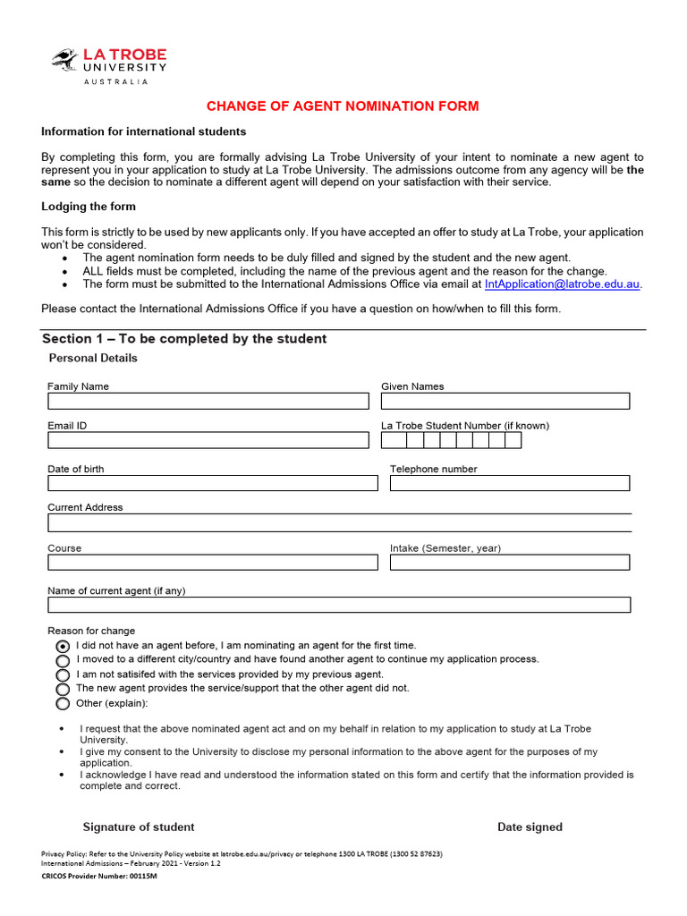 Change of Agent Nomination Form | PDF