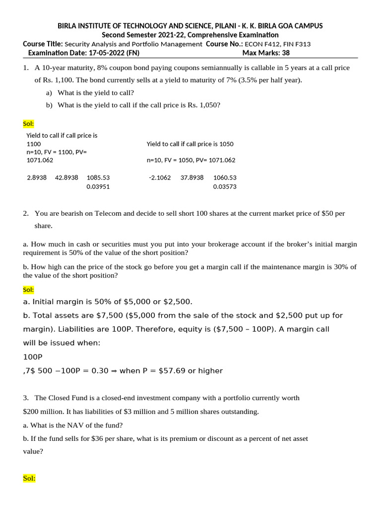 ECONF412 - FINF313 - Compre - S Sem 2 2021-22 | PDF | Bond Duration | Bonds (Finance)