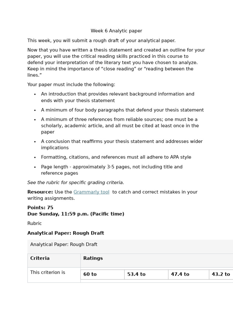 Week 6 Analytic Paper | PDF | Thesis | Rubric (Academic)