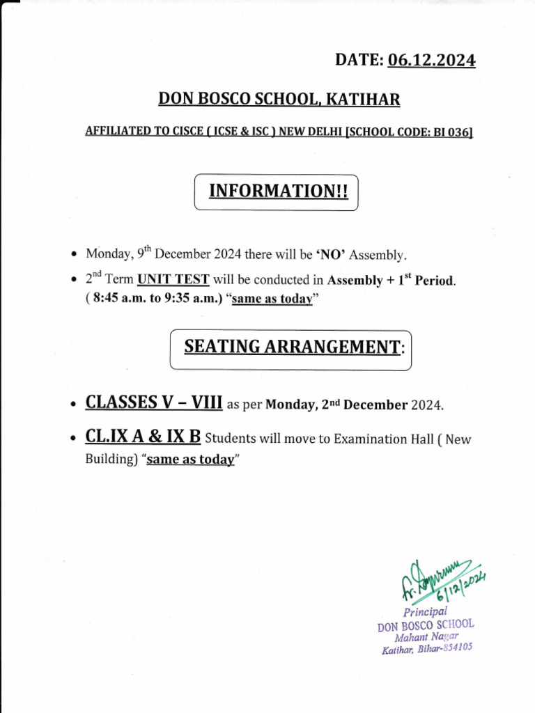 NOTICE - UNIT TEST ON MONDAY, 9-12-2024_20241206_0001 | PDF