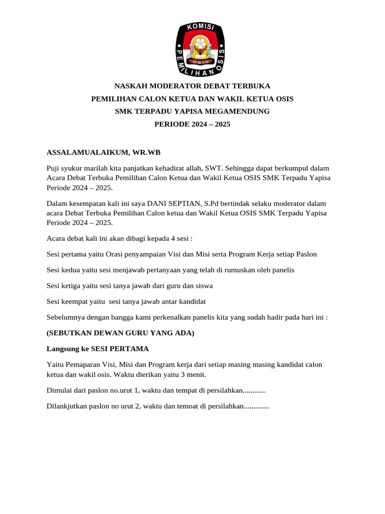 Naskah Moderator Debat OSIS 2024-2025 | PDF