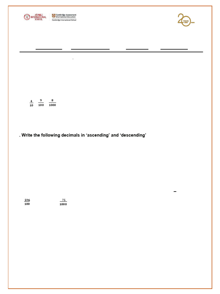 Class V Decimals Revision Worksheet | PDF