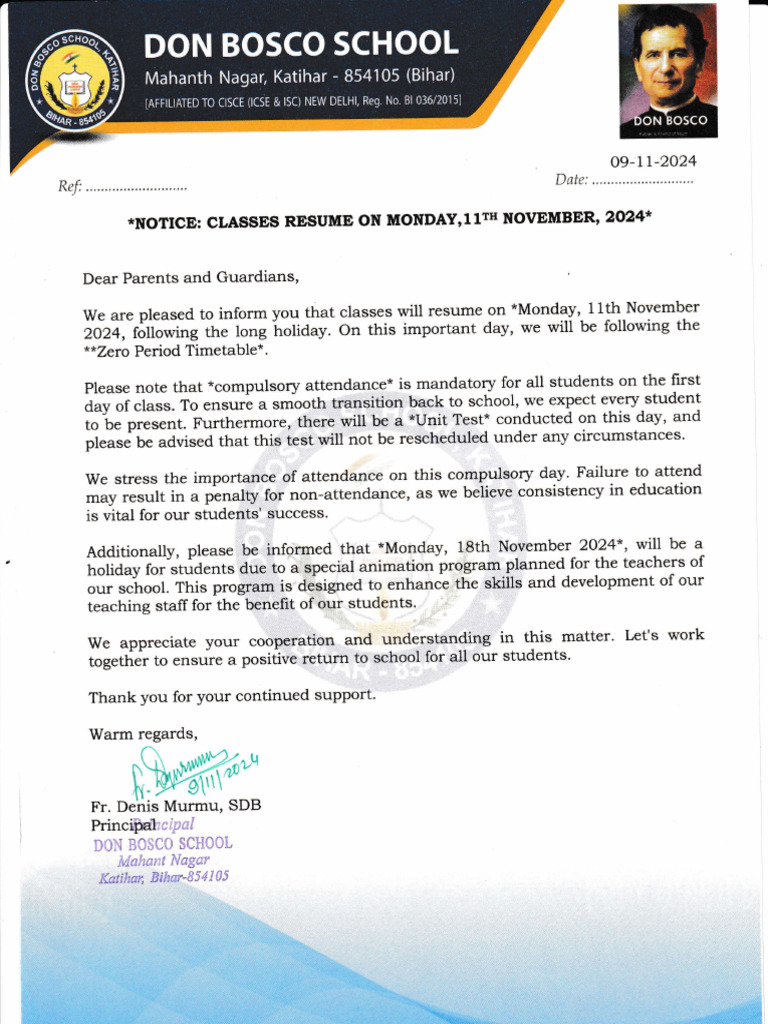 Notice - Classes Resume On Monday 11TH November 2024 - DBSK - 20241109 ...