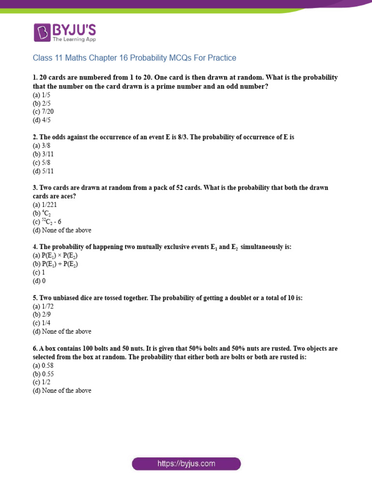 Class 11 Maths Chapter 16 Probability MCQs | PDF