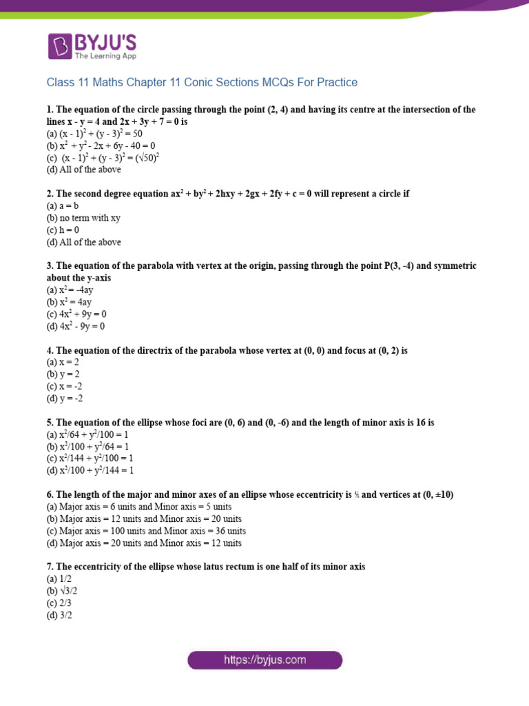 Class 11 Maths Chapter 11 Conic Sections MCQs.docx | PDF